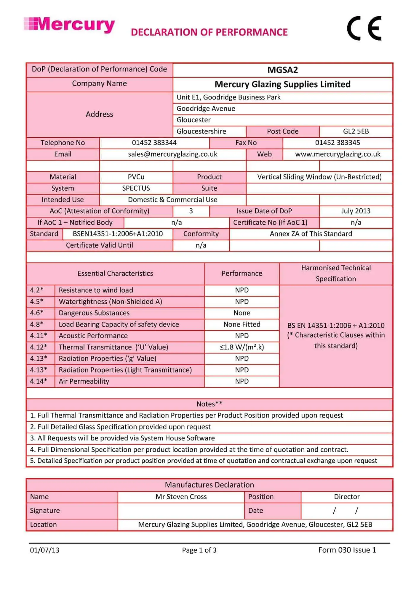 VS UNRESTRICTED CE Marking Declaration of Performance - Mercury Glazing